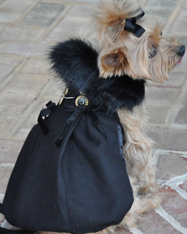 Doggie Design Wool Fur-Trimmed Dog Harness Coat - Black - Dawg Team